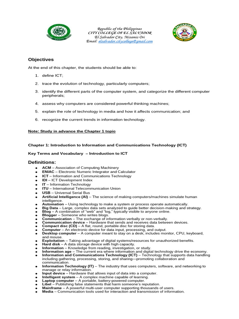 WEEK 1 HANDOUTS Introduction To Information and Communications Technology 1 | PDF | Automation ...