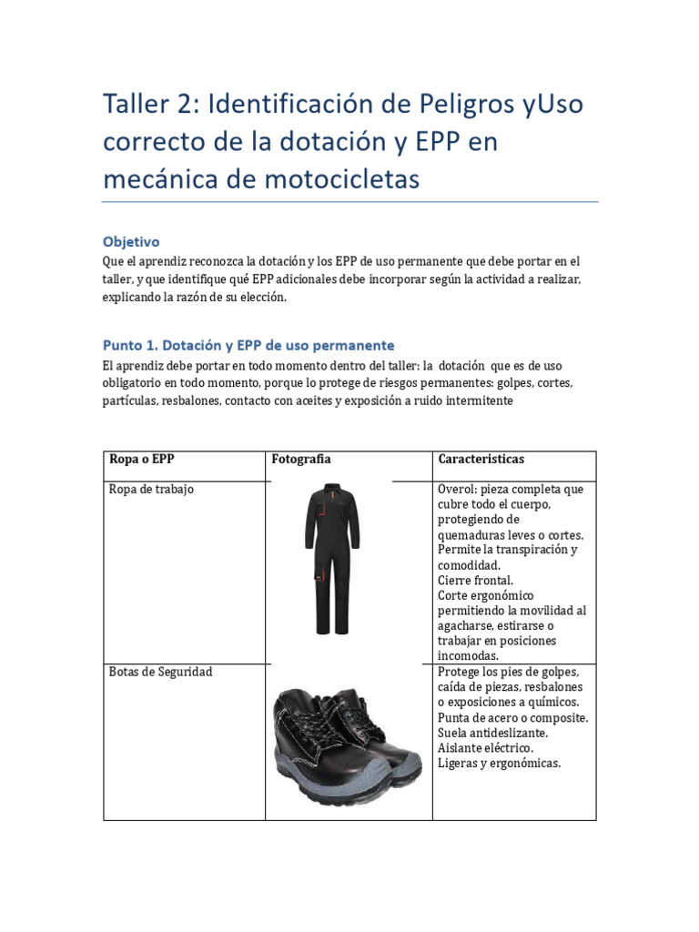 Taller EPP Mecanica Motos | PDF | Materiales