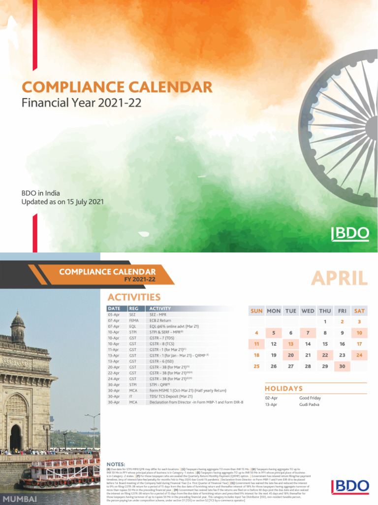 Compliance Calendar For FY 21 22 BDO India | PDF | Limited Liability ...