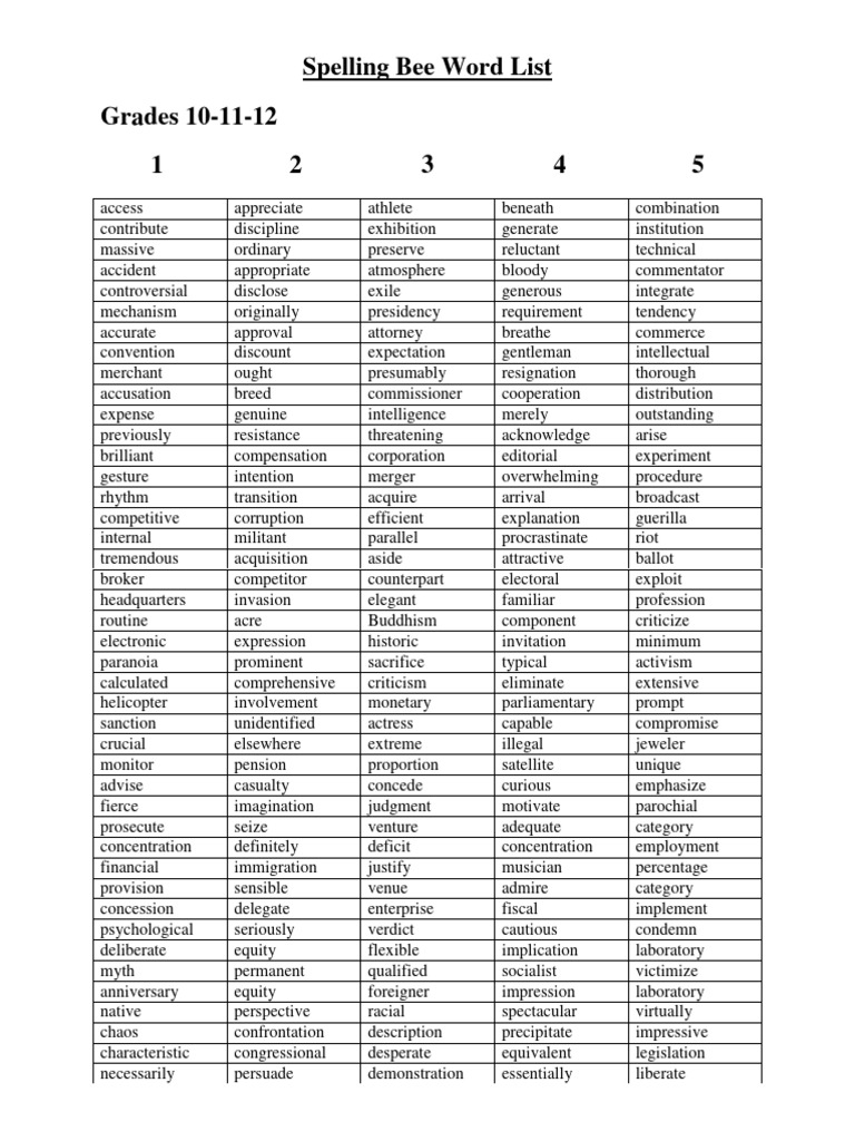 NCE SB Word List - Grades 10-11 | PDF