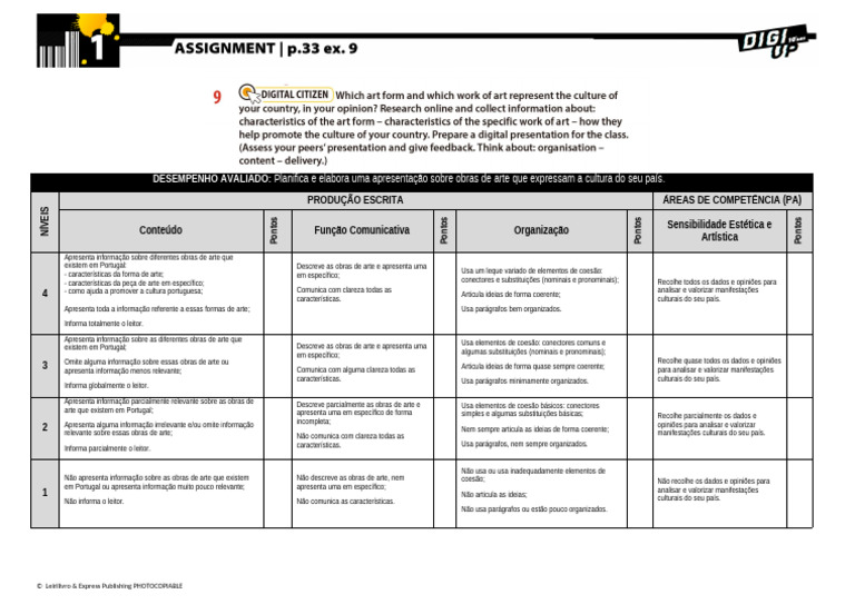 Digi Up 10ano Unit 1 2 Assignment P33 Rubrics | PDF | Informação ...
