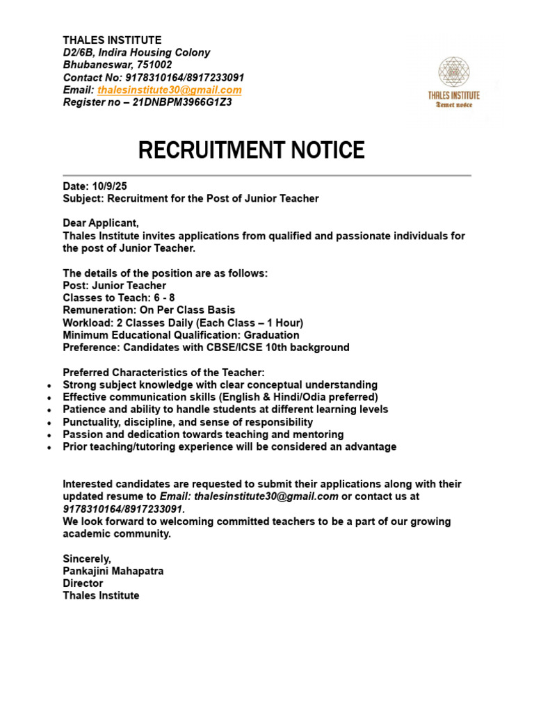 Junior Teacher Recruitment at Thales Institute | PDF