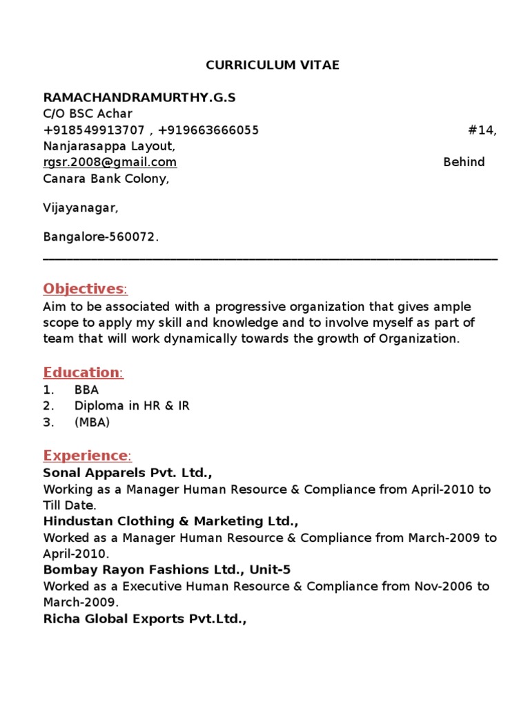 Objectives:: Curriculum Vitae Ramachandramurthy.G.S | PDF | Human ...