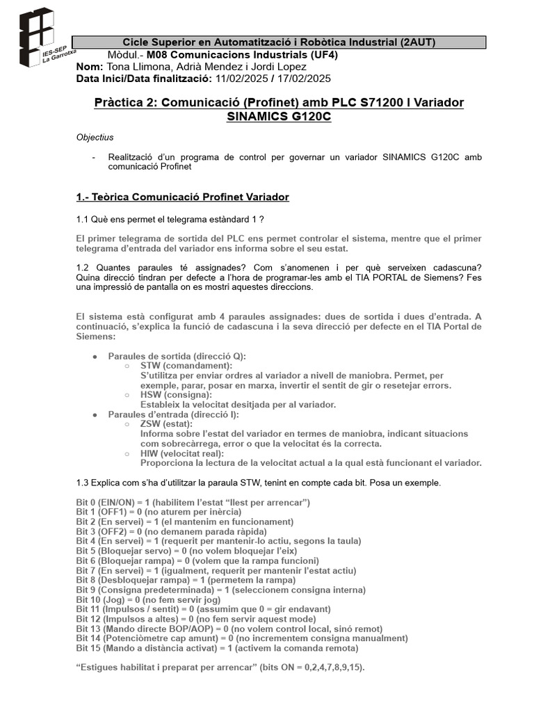 Practica 2 Profinet VARIADOR | PDF