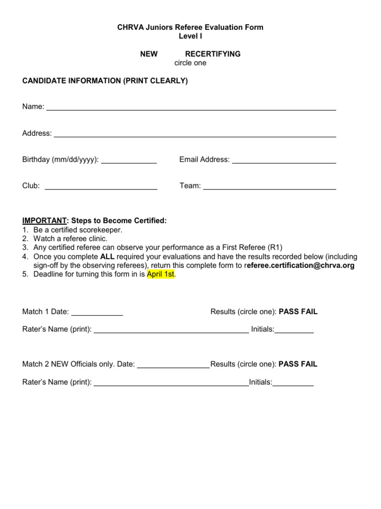 CHRVA Juniors Referee Evaluation Form Level I | PDF