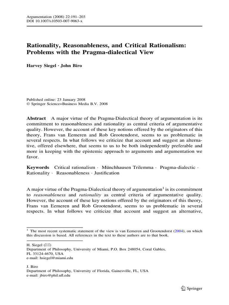 Siegel2008 Rationality, Reasonableness, and Critical Rationalism | PDF ...