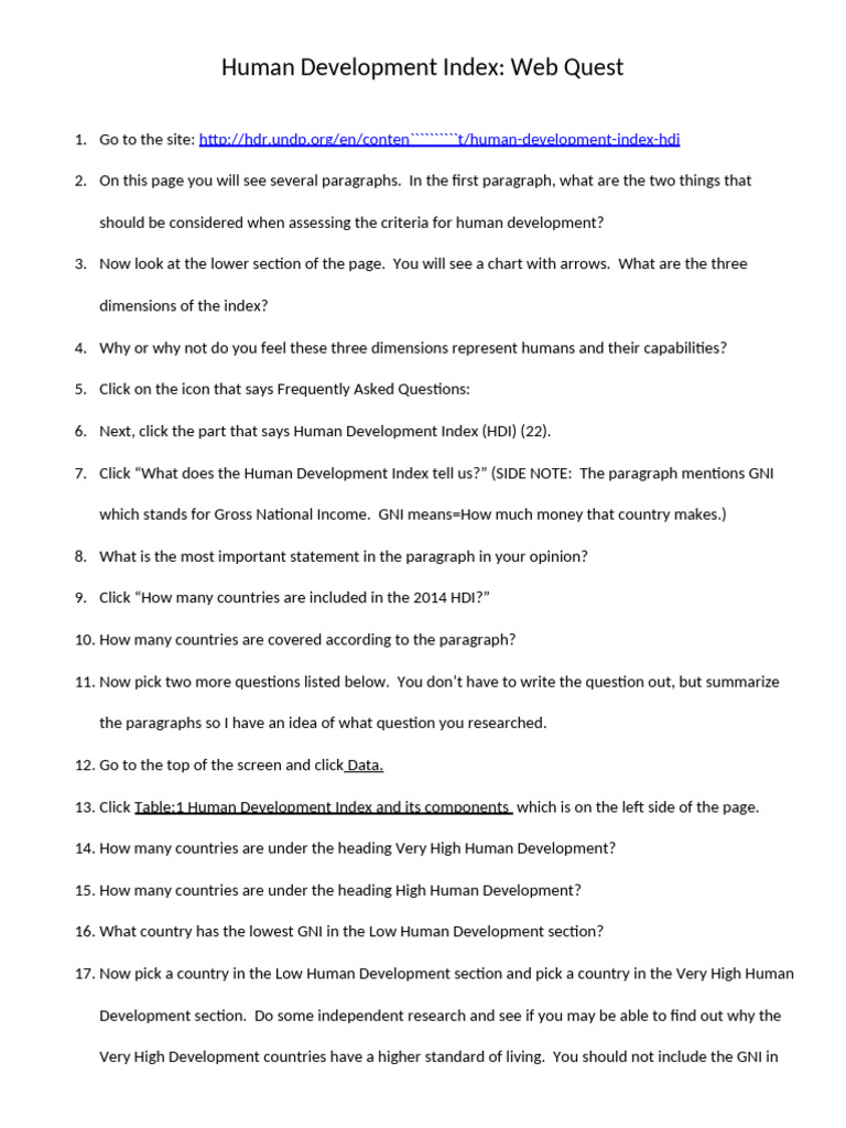 Human Development Index Web Quest | PDF