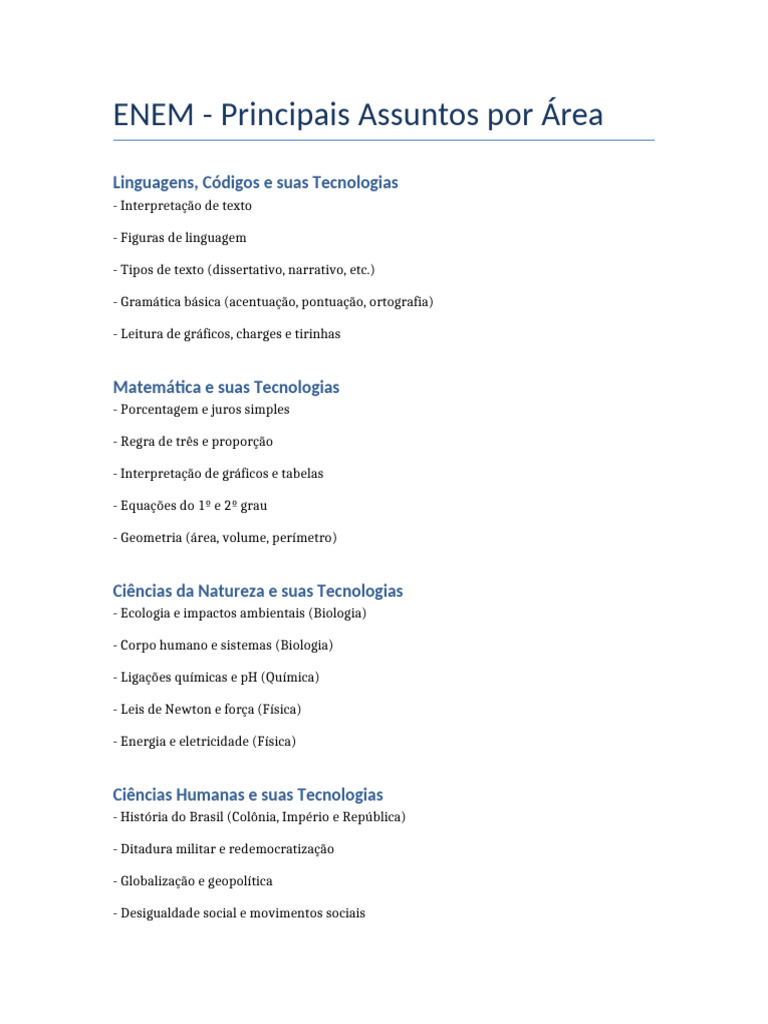 Assuntos Principais do ENEM por Área | PDF