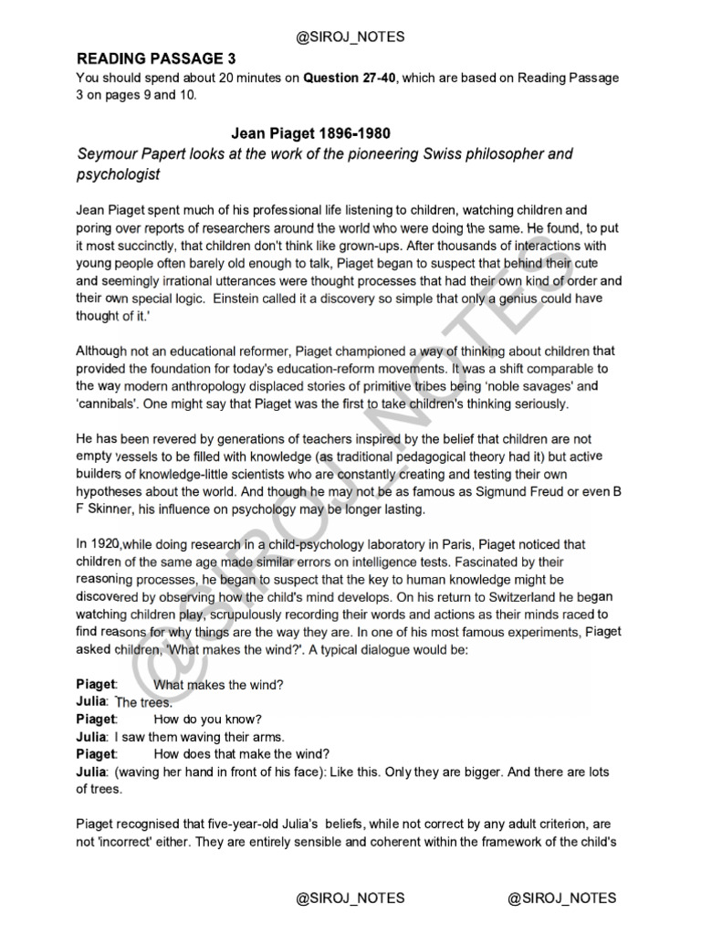 Piaget Reading Real Exam 1 | PDF