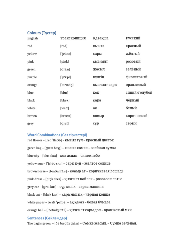 Colours Word List | PDF