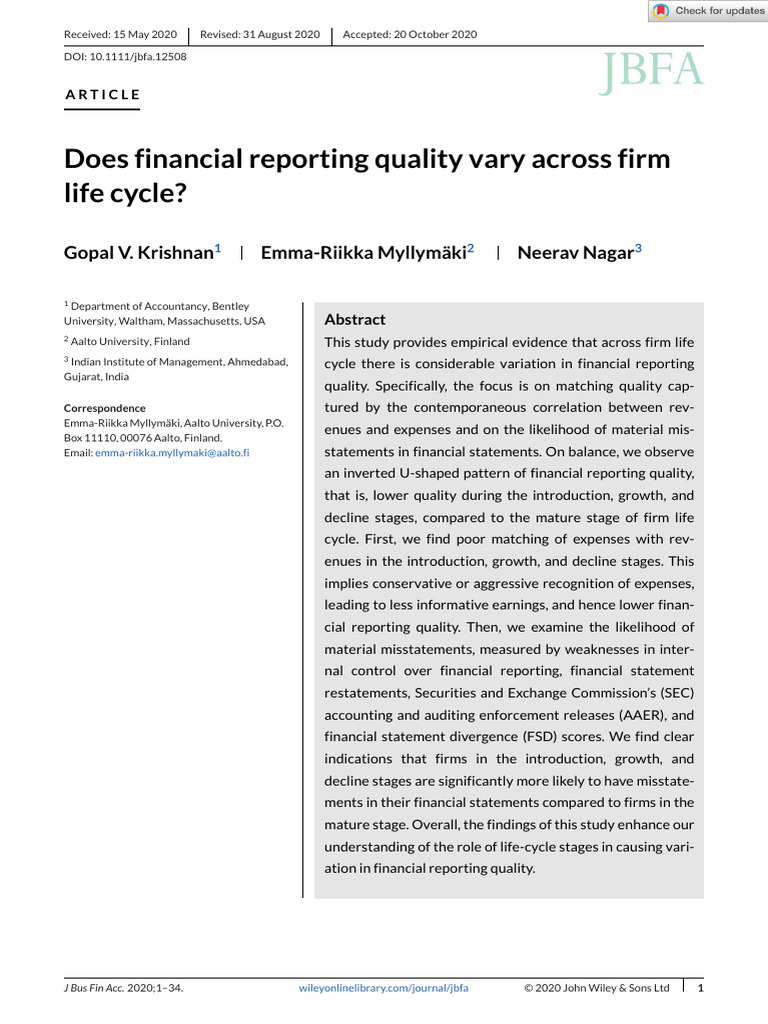 Financial Reporting Quality by Life Cycle | PDF | Sarbanes–Oxley Act ...