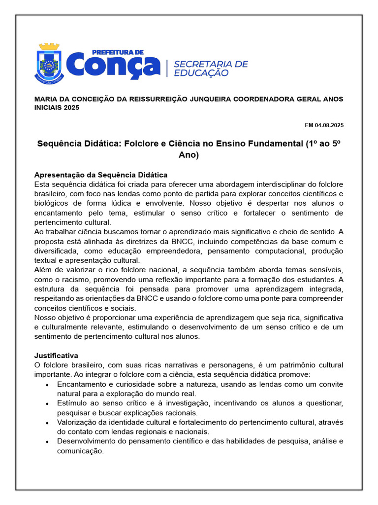 Sequência Didática Folclore 2025 - Anos Iniciais | PDF | Science | Aprendizado