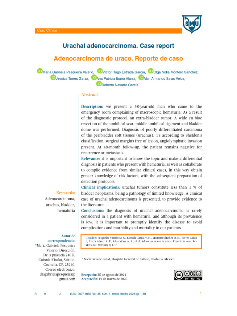 Adenocarcinoma de Uraco. Reporte de Caso | PDF | Cáncer | Anatomía