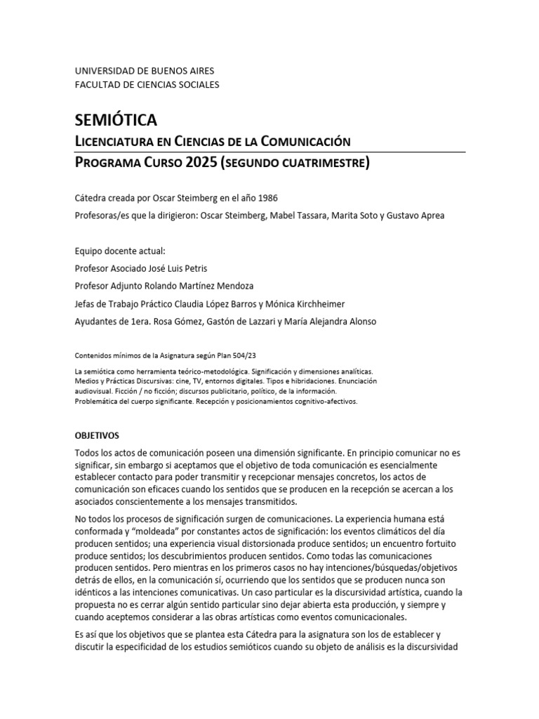 Programa SEMIÓTICA Cátedra Petris (Ciencias de La Comunicación) 2do. Cuatrimestre de 2025 | PDF ...
