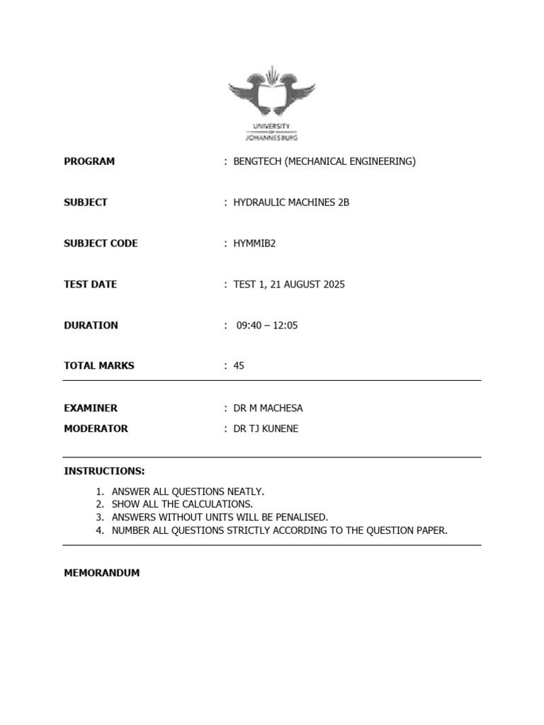 Test 1 2025 - Memo | PDF | Mechanics | Mechanical Engineering