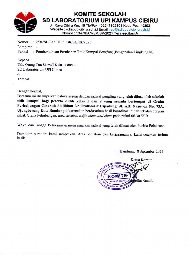 SPB Pengling Perubahan Titik Kumpul Kelas 1 Dan 2 | PDF