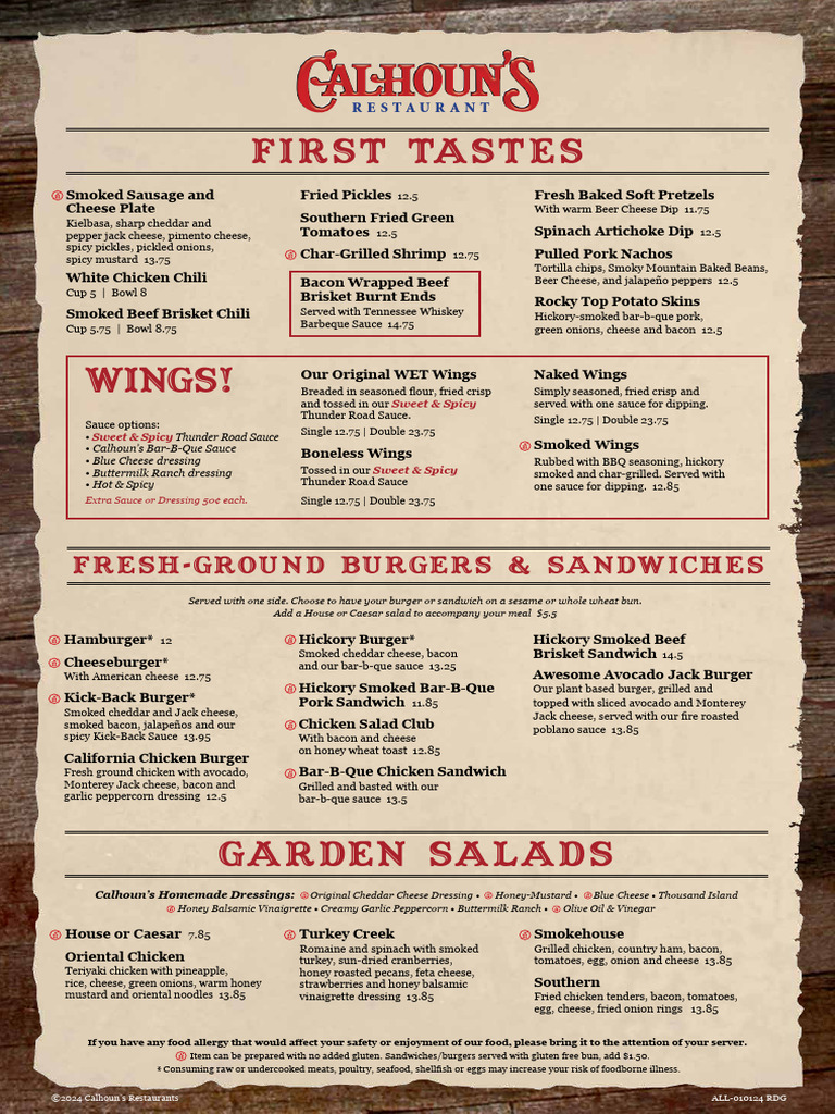 Calhoun's Menu and Catering Options | PDF | Hamburgers | Bacon