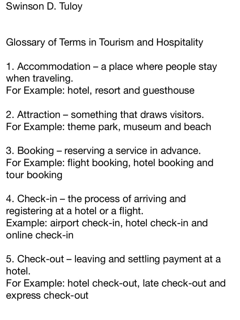 Glossary of Terms in Tourism and Hospitality | PDF