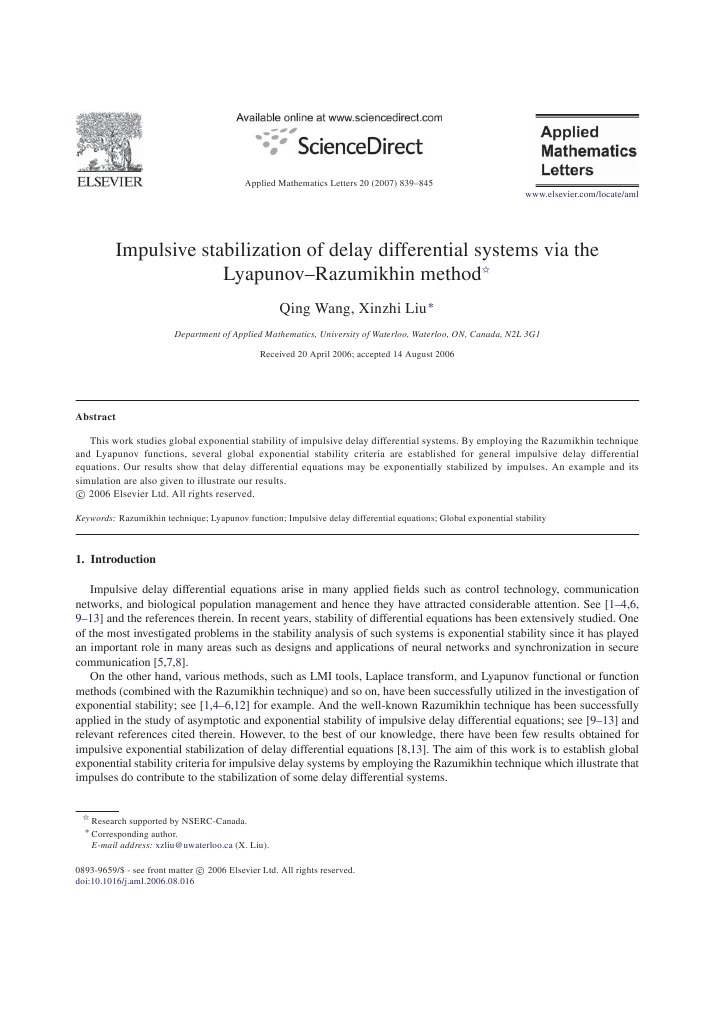 Impulsive Stabilization of Delay Differential Systems Via The Lyapunov-Razumikhin Method | PDF ...