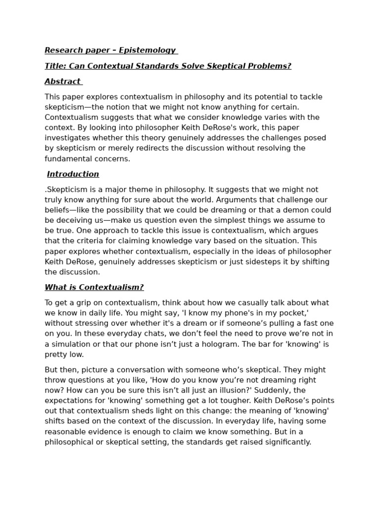 Epistemology - Research Paper | PDF | Skepticism | Knowledge