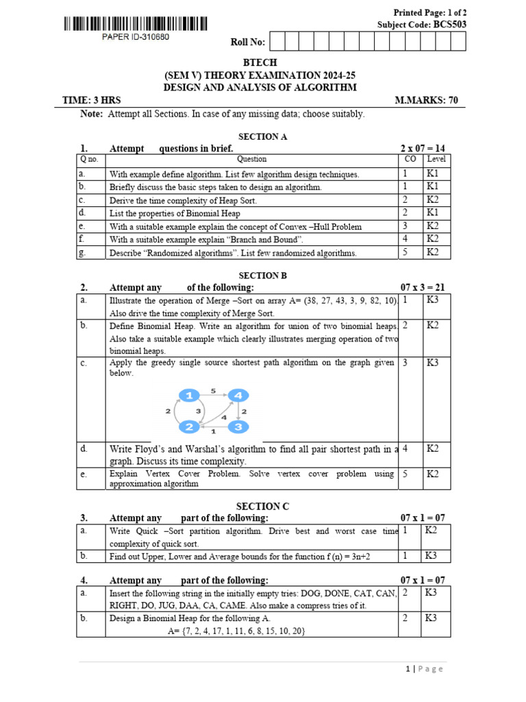 Btech Cs 5 Sem Design and Analysis of Algorithm Bcs503 2025 | PDF | Time Complexity ...