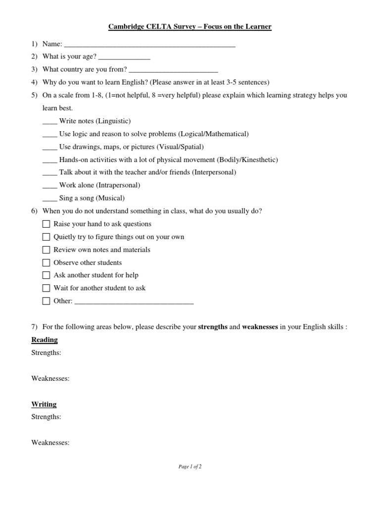 Focus On The Learner Questionnaire | PDF