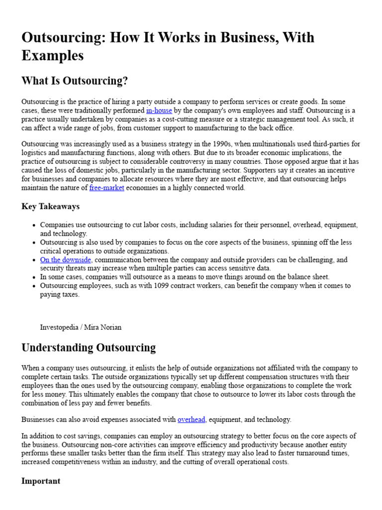 Outsourcing - How It Works in Business, With Examples | PDF ...