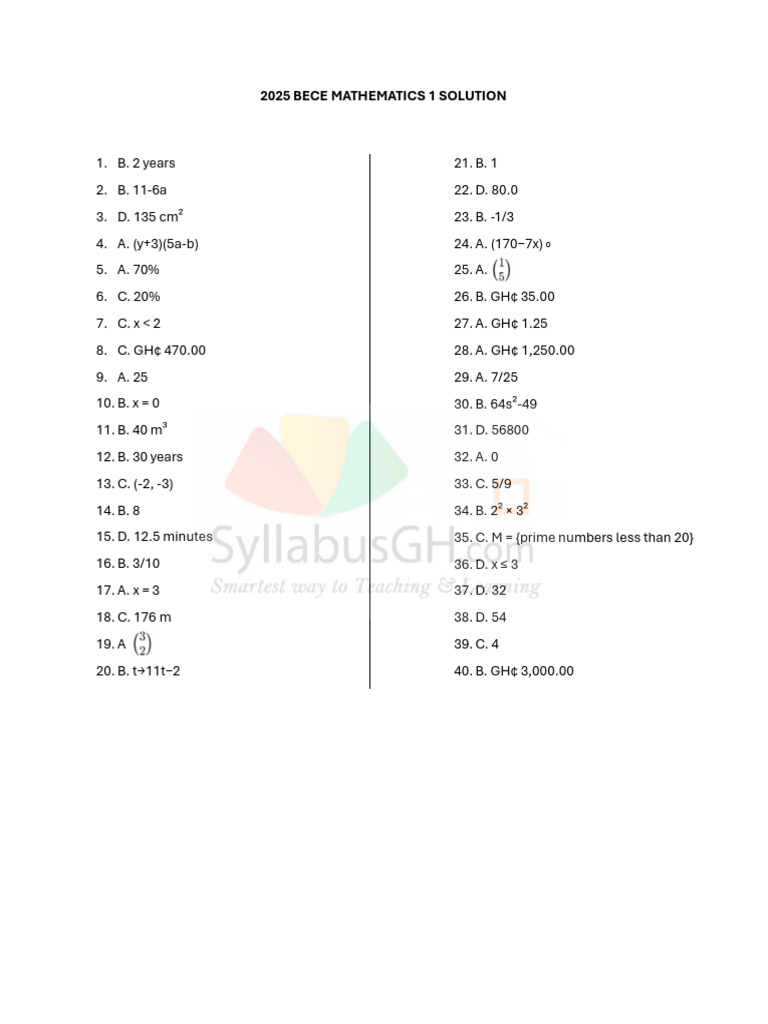 2025 Bece Mathematics 1 Solution | PDF