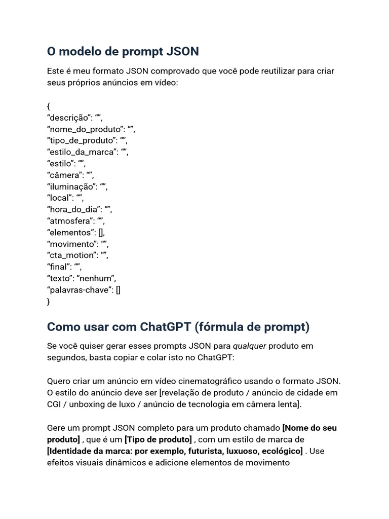Fórmula de Prompt JSON para Google VEO 3 | PDF | Light | Lighting