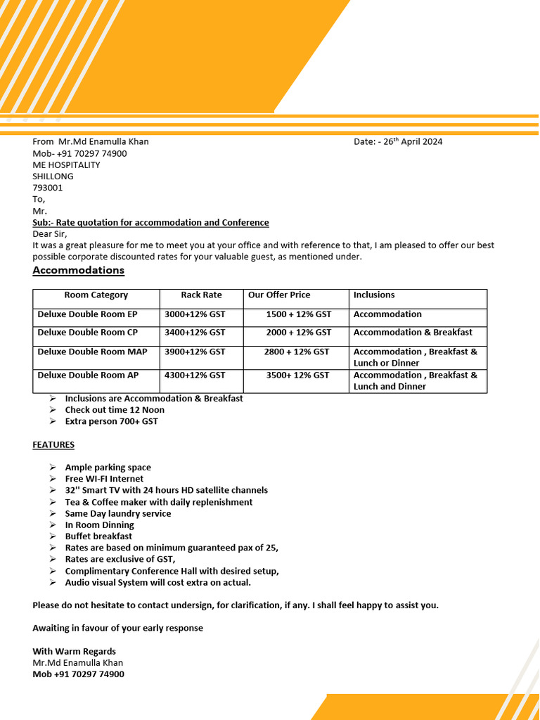 Corporate Accommodation Rate Quote | PDF