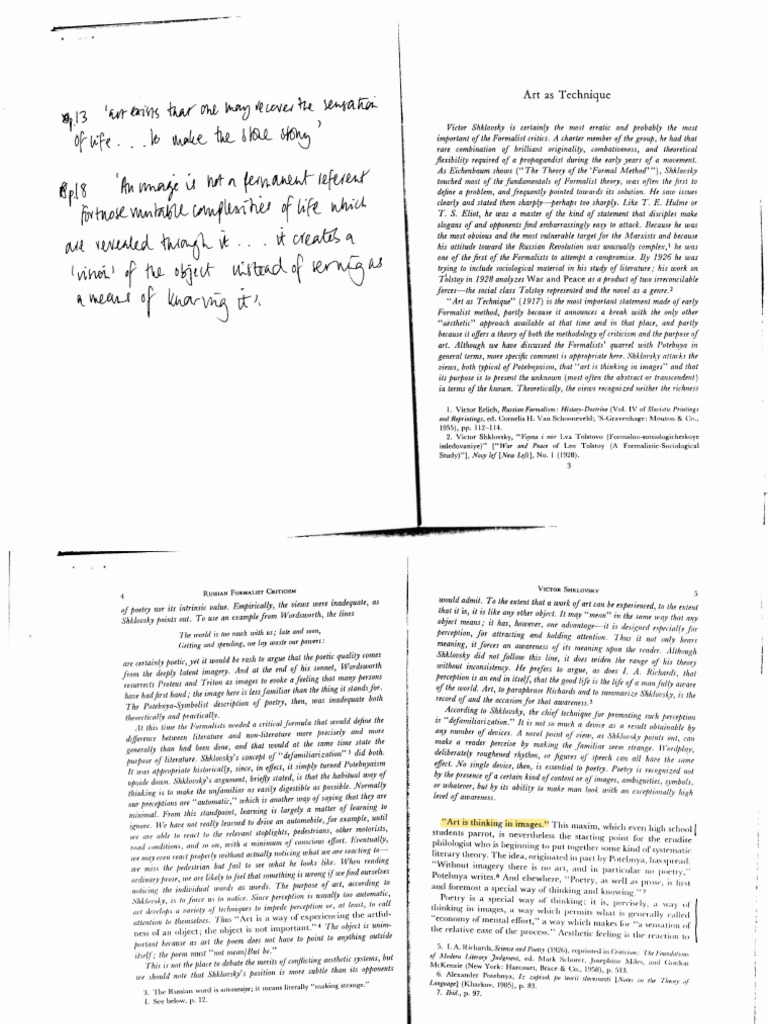Victor Shklovsky, Art As Technique (1917) | PDF | The Arts | Aesthetics