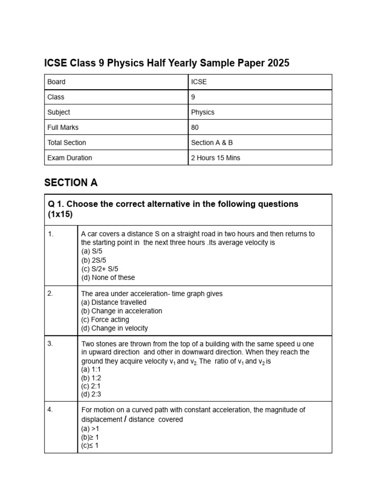 Icse Class 9 Physics Sample Paper 2025 | PDF | Acceleration | Velocity