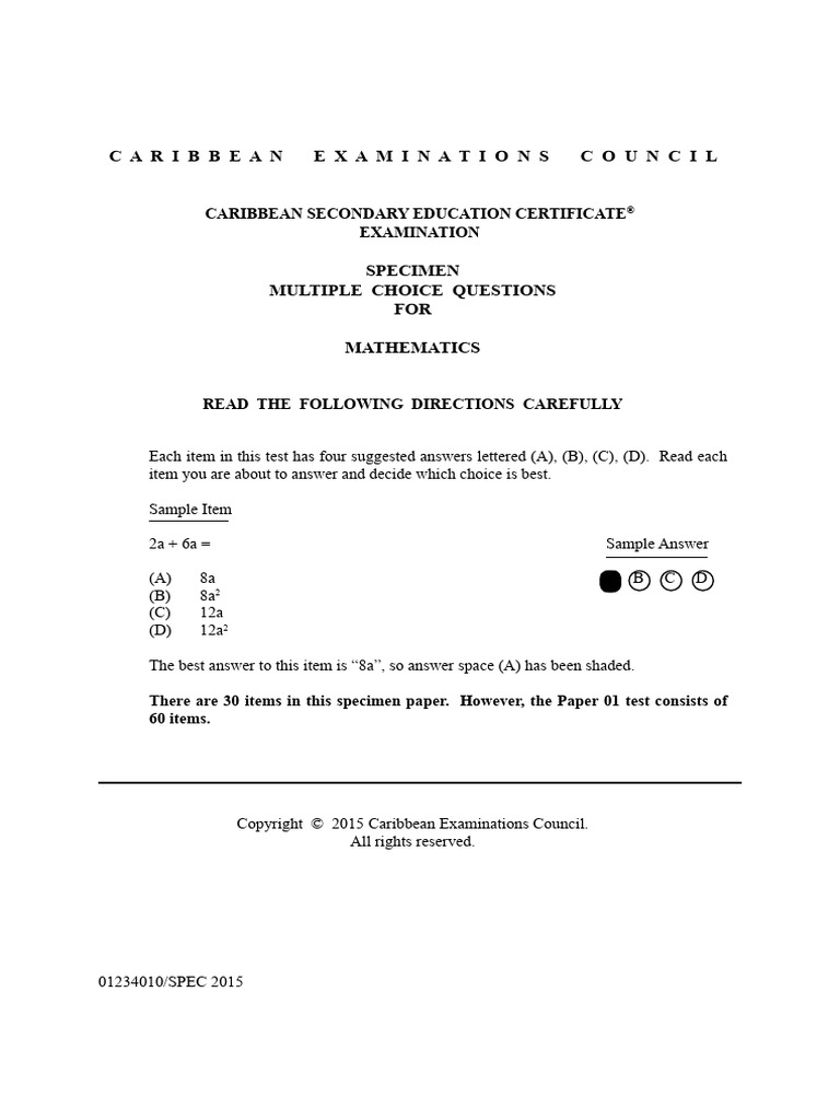 Caribbean CSEC Mathematics Sample Questions | PDF | Mathematical ...