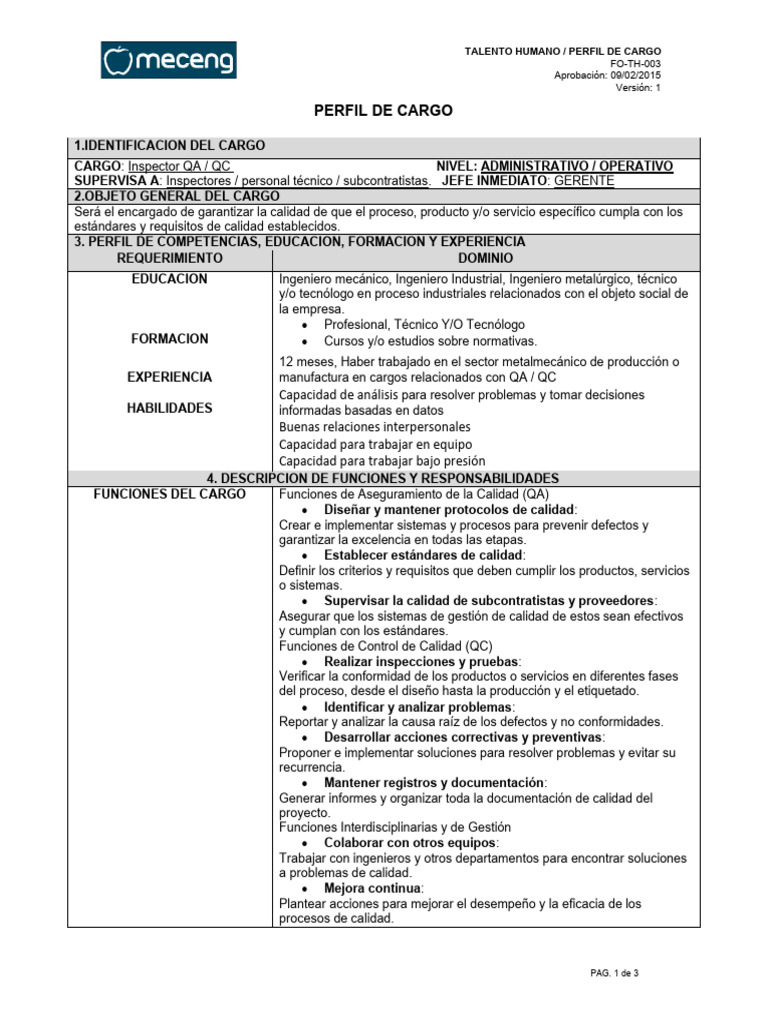 Fo-Th-003 Perfil Del Cargo | PDF | Calidad (comercial) | Business