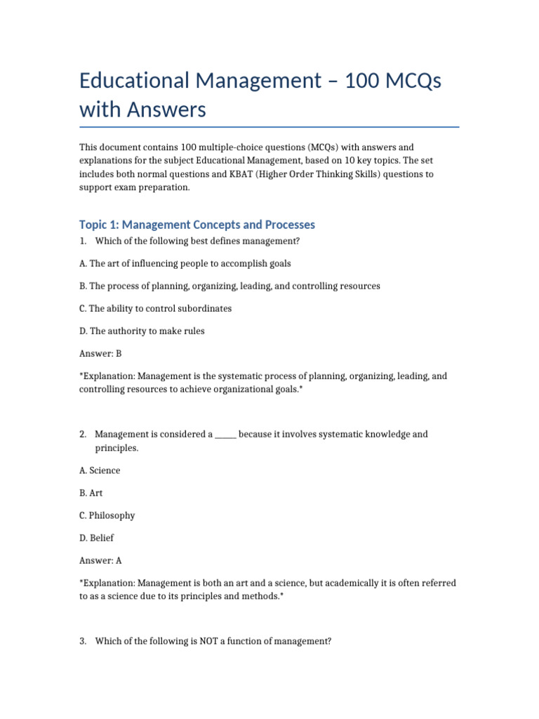 100 MCQs on Educational Management | PDF | Science | Goal