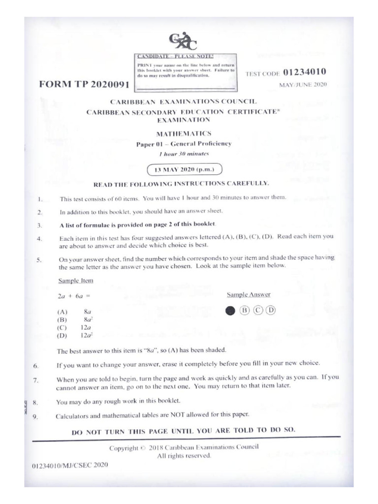 CSEC Mathematics MayJune P1 2020 | PDF