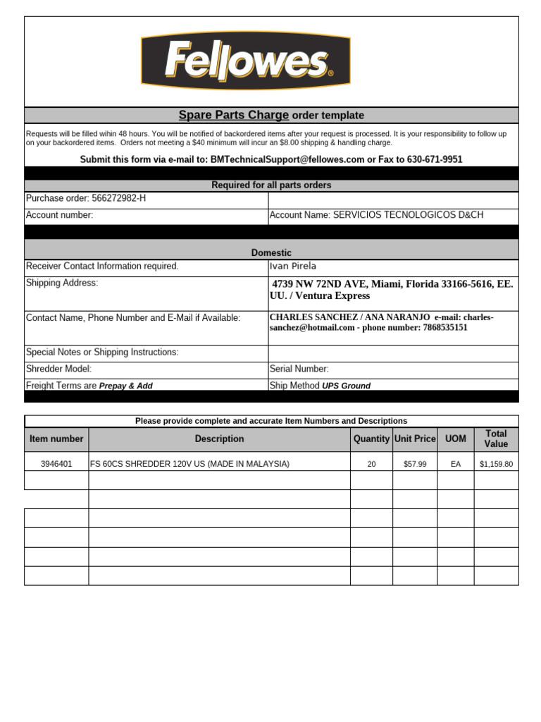 Shredder Parts Order Form Instructions | PDF