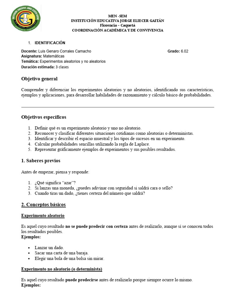 Guía Experimentos Aleatorios y No Aleatorios - 6°-02-2025 | PDF ...