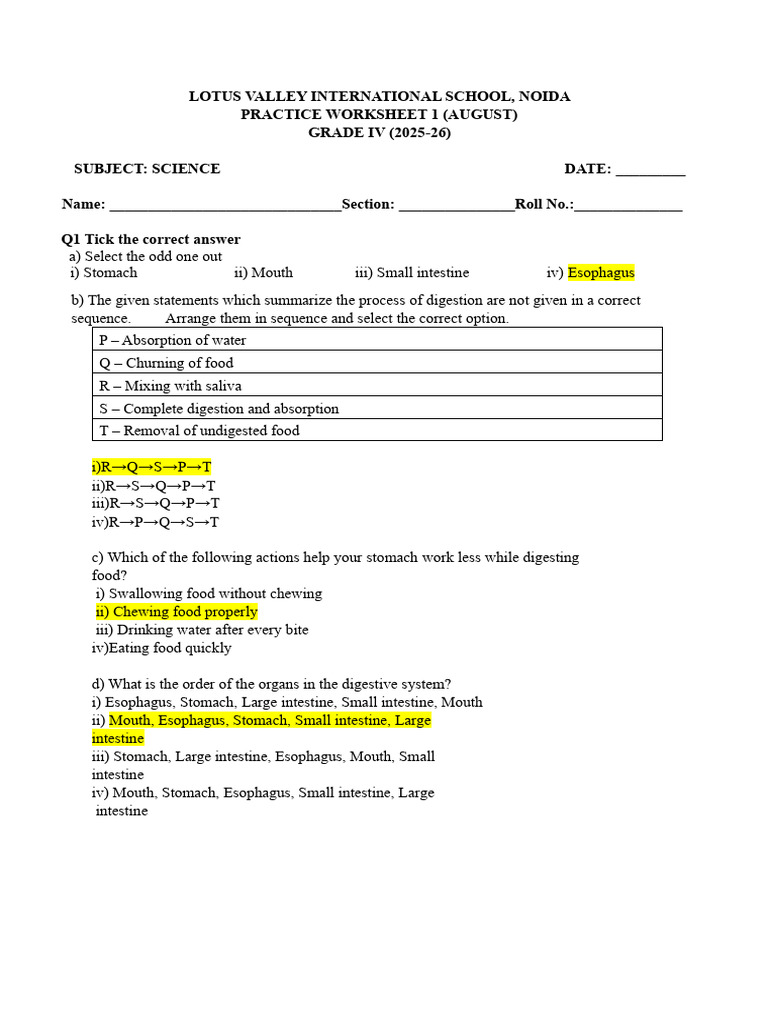 Grade IV Science Worksheet on Digestion | PDF