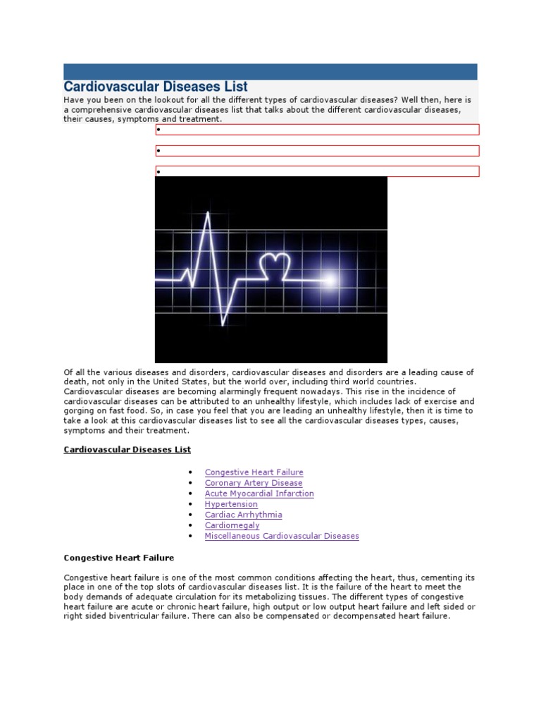 Cardiovascular Diseases List | PDF | Myocardial Infarction | Angina ...