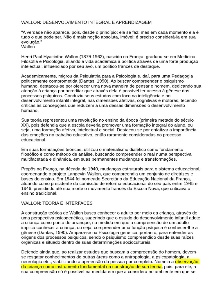 Teoria de Wallon: Desenvolvimento Infantil | PDF | Pedagogia | Pensamento