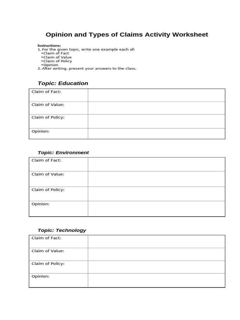 Claim Activity Worksheet | PDF