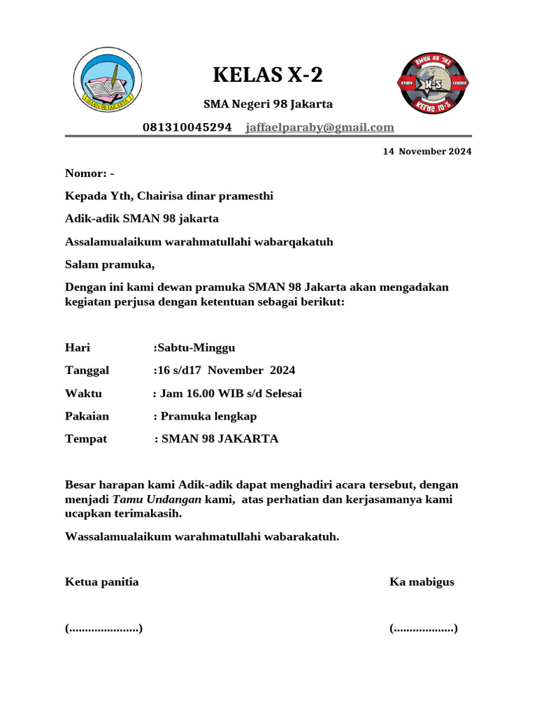 Undangan Perjusa Pramuka SMAN 98 Jakarta | PDF