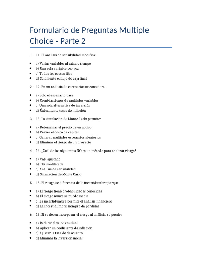 Formulario Multiple Choice Pascale Parte2 | PDF | Inflación | Análisis de sensibilidad