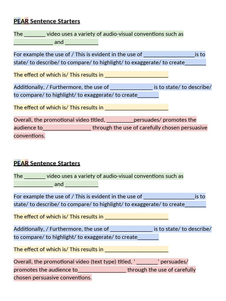 PEAR Sentence Starters - Multimodal Text | PDF