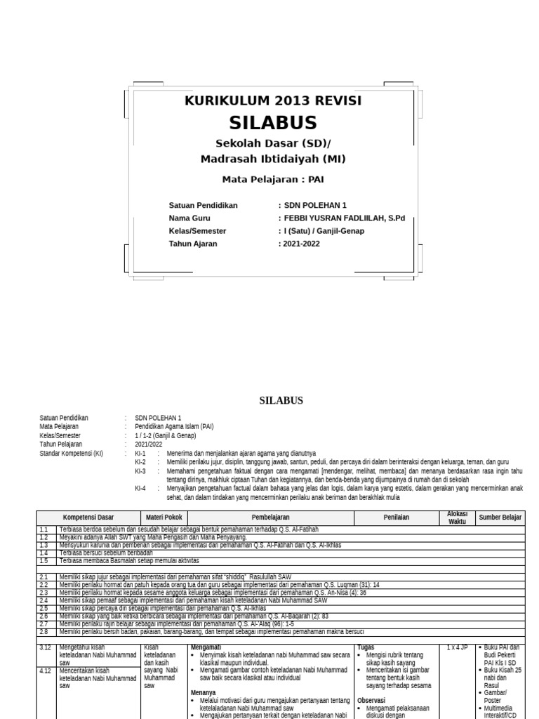 Silabus PAI Kelas 1 | PDF