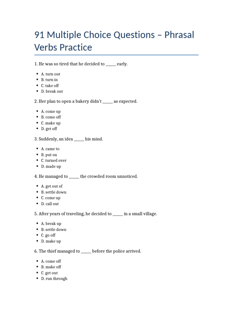 91 Phrasal Verbs MCQ Sample | PDF
