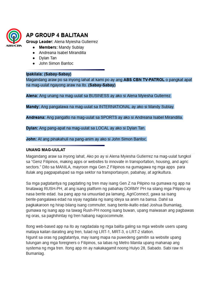 AP Group 4 Balitaan 1 | PDF