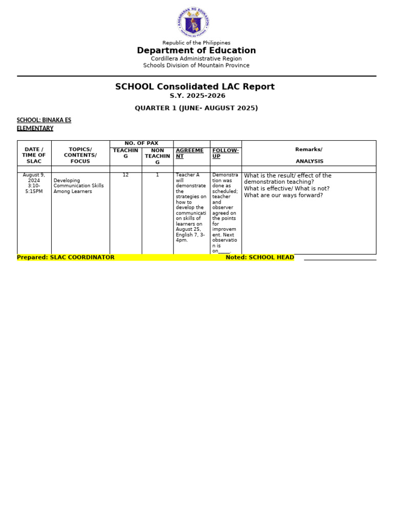 SCHOOL Slac Consolidation Template | PDF