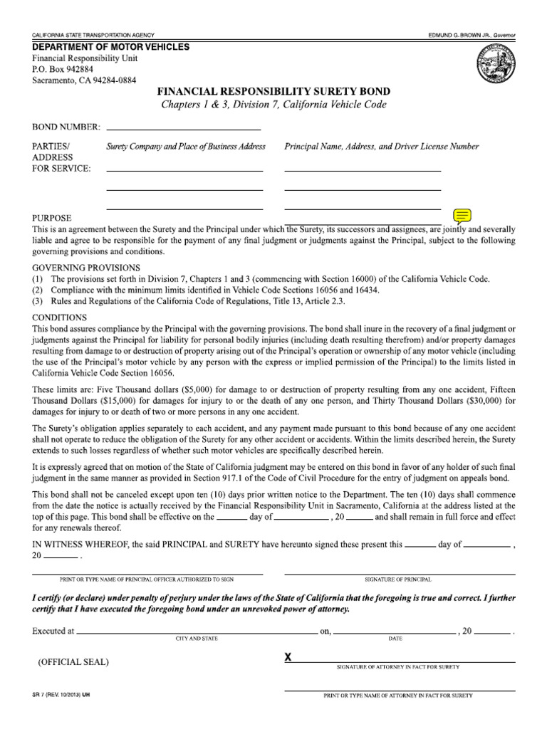 Financial Responsability Bond Form Department of Motor Vehicles | PDF